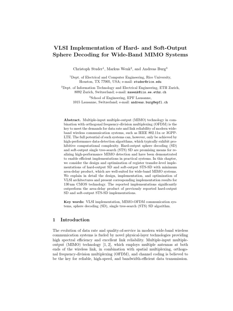 VLSI Implementation of Hard-And Soft-Output Sphere Decoding For Wide-Band MIMO Systems | PDF ...