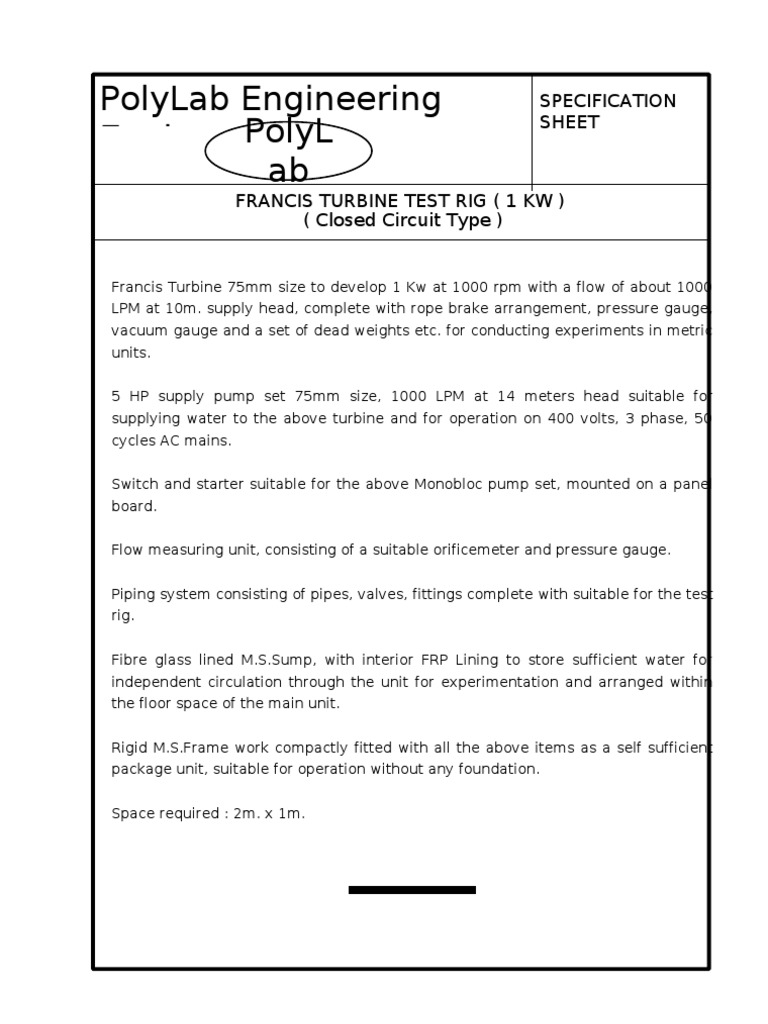 Polylab Engineering Equipment Polyl Ab: Specification Sheet | PDF