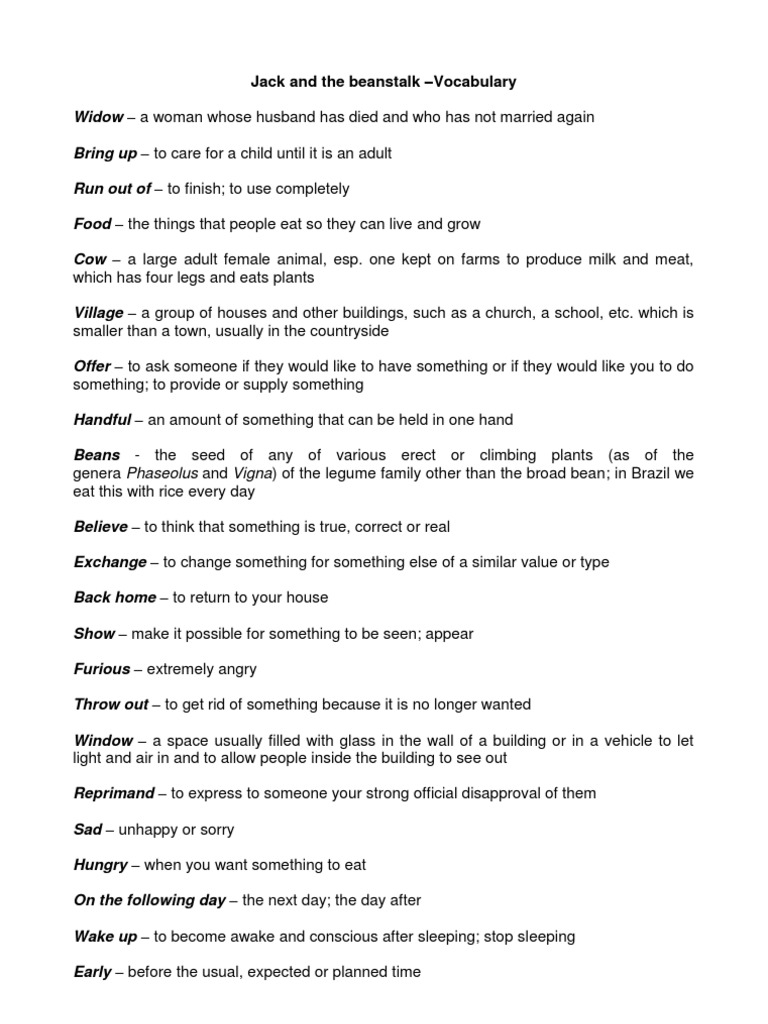 Jack and The Beanstalk - Vocabulary | PDF | Bean | Jack And The Beanstalk