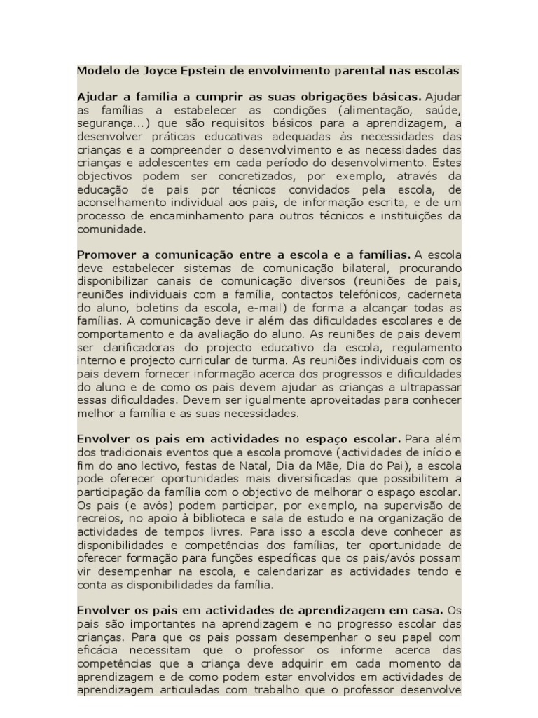 Modelo de Joyce Epstein de Envolvimento Parental Nas Escolas | PDF ...