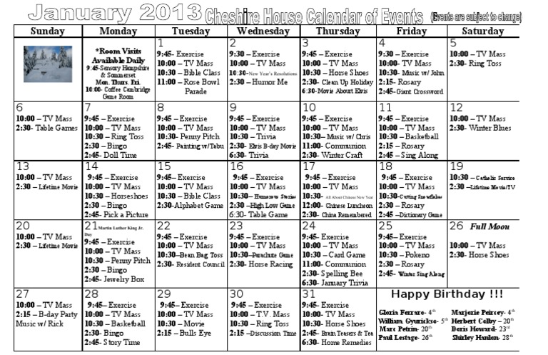 Cheshire House Recreation Calendar - January 2013 | PDF | Religion ...