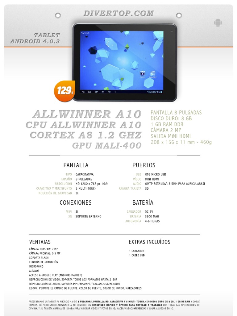 Allwinner A10 8" Android Tablet Specs | PDF | Science & Mathematics