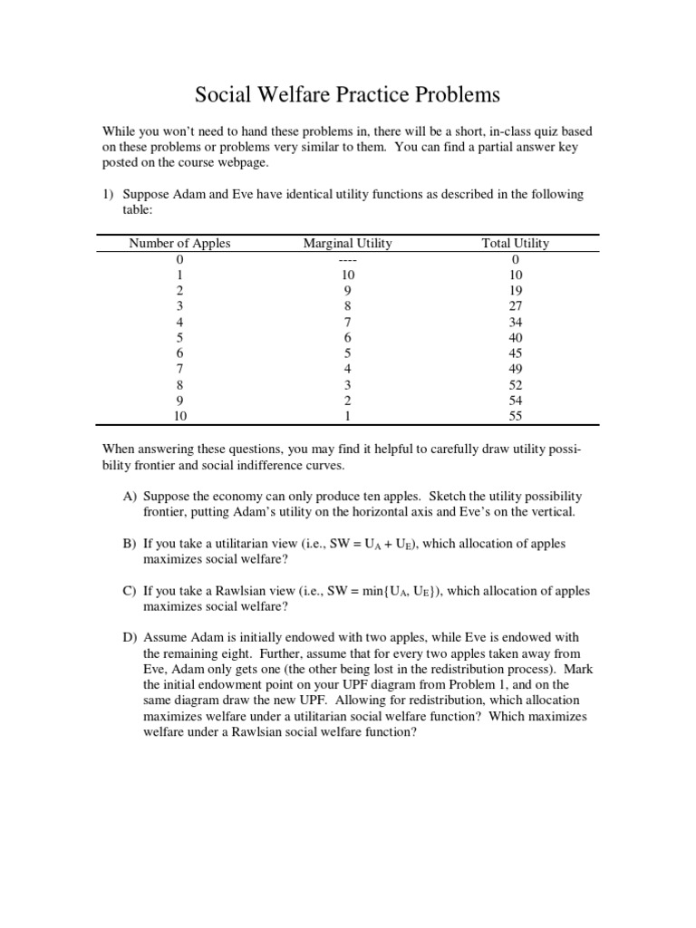 01 Practice Problems Social Welfare | PDF | Utility | Economic Theories