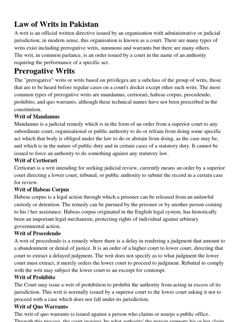 An Overview of the Types of Writs in Pakistan and Their Uses in ...