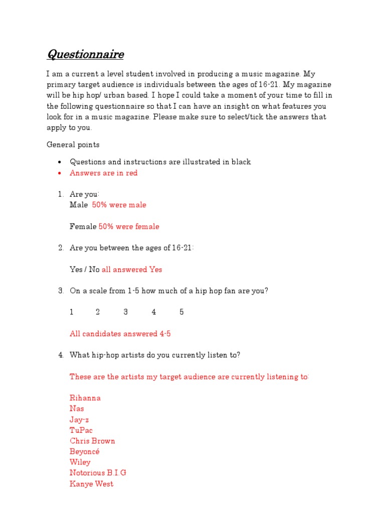 Task 7B - Questionnaire Findings Summary | PDF | Hip Hop Music | Entertainment (General)
