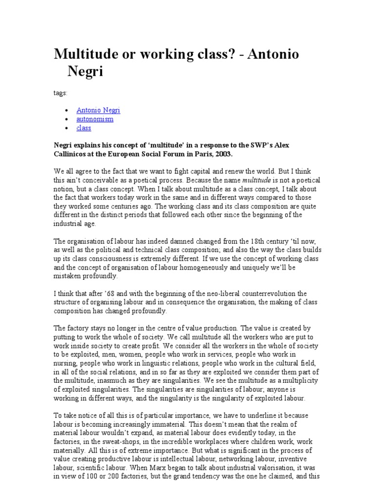 Multitude as Class Concept Explained | PDF | Working Class ...