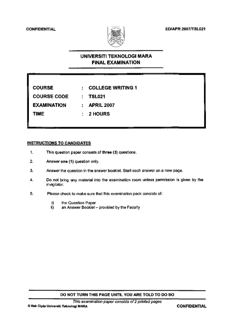 Final Exam Paper College Writing 1 (TESL) | PDF
