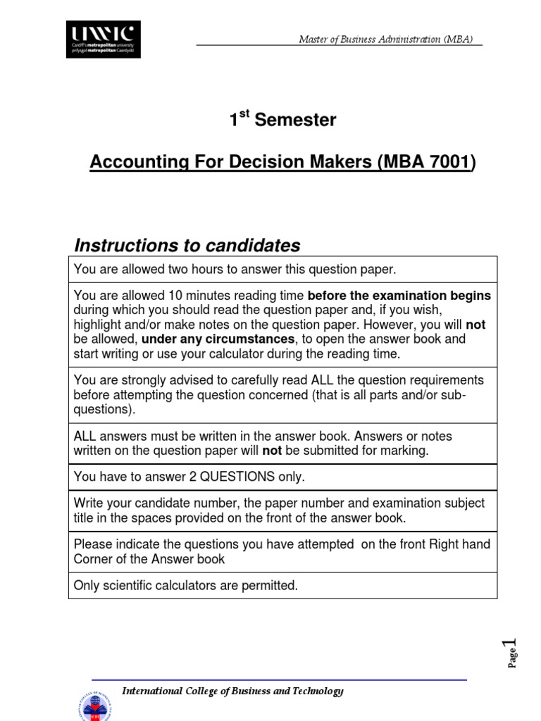 Accounting For Decision Makers (MBA401) - Model Paper | PDF | Option ...