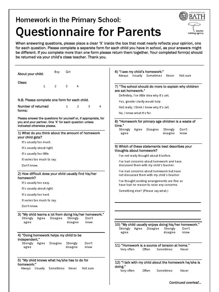 Questionnaire For Parents: Homework in The Primary School | PDF