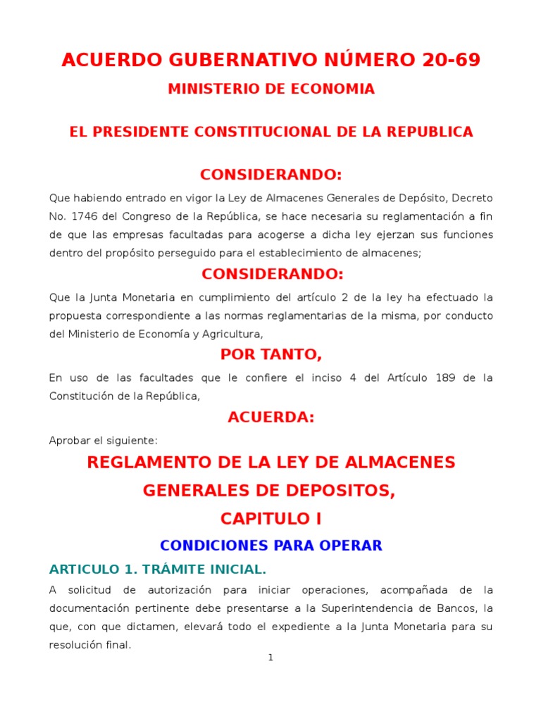 Reglamento de La Ley de Almacenes Generales de Deposito | PDF ...