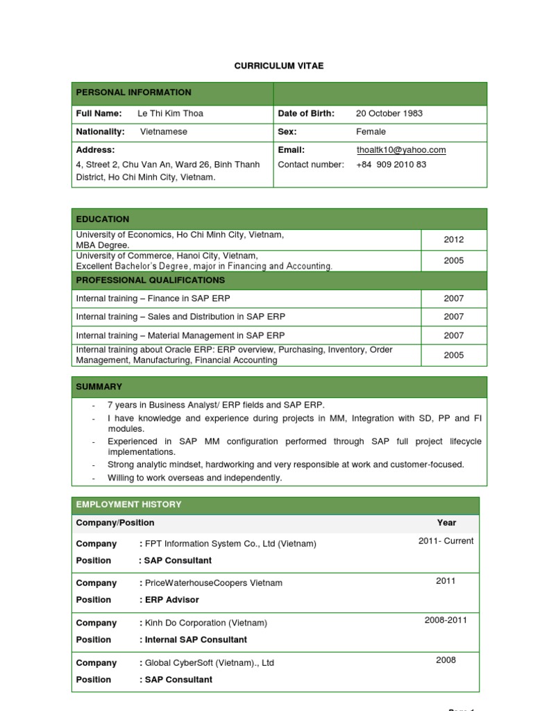 CV Sample | PDF | Sap Se | Business Process