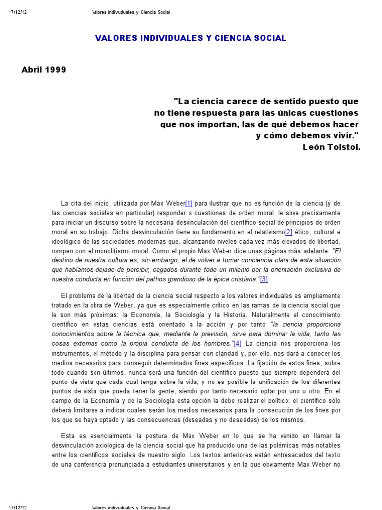 Valores Individuales y Ciencia Social | PDF | Max Weber | Science
