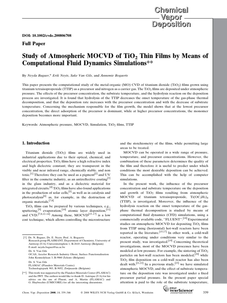 Study of Atmospheric Mocvd of Tio Thin Films by Means of Computational Fluid Dynamics ...