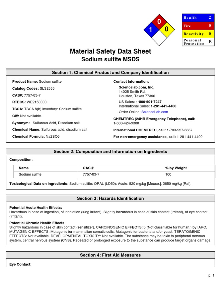 Msds Na2so3 | PDF | Toxicity | Personal Protective Equipment