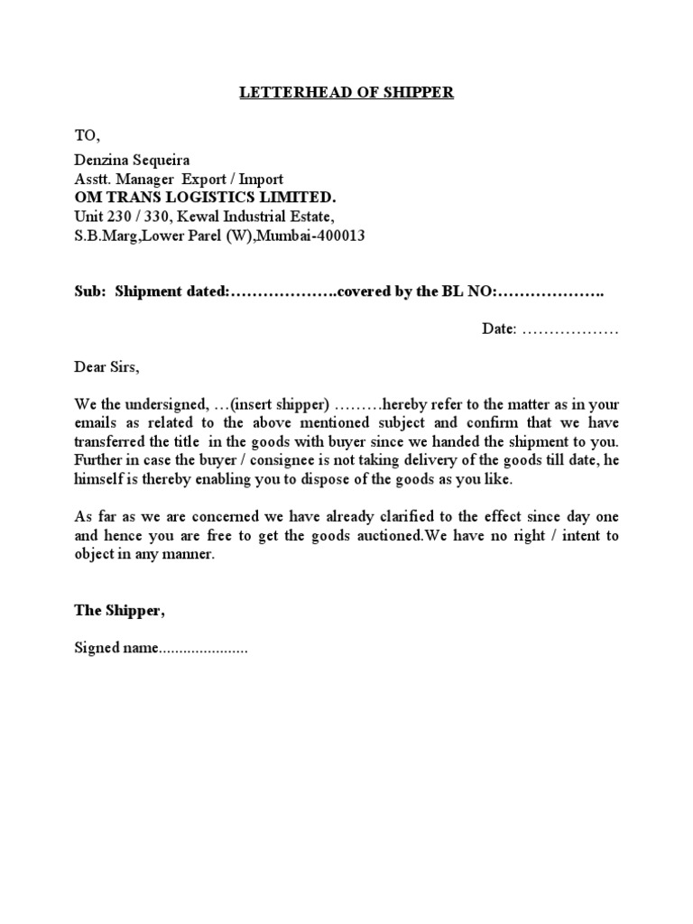 Letter authorizing freight forwarder to auction goods if consignee ...