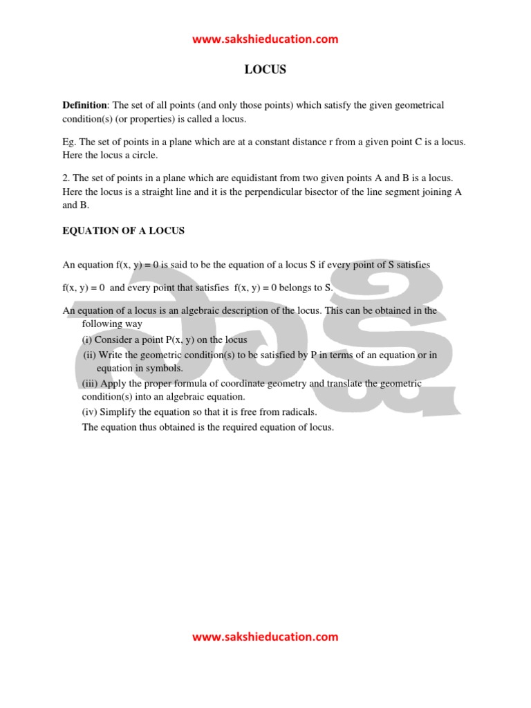 Locus: Definition: The Set of All Points (And Only Those Points) Which ...