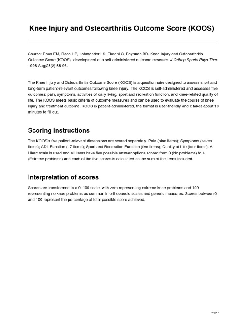 Knee Injury and Osteoarthritis Outcome Score Koos PDF | PDF ...