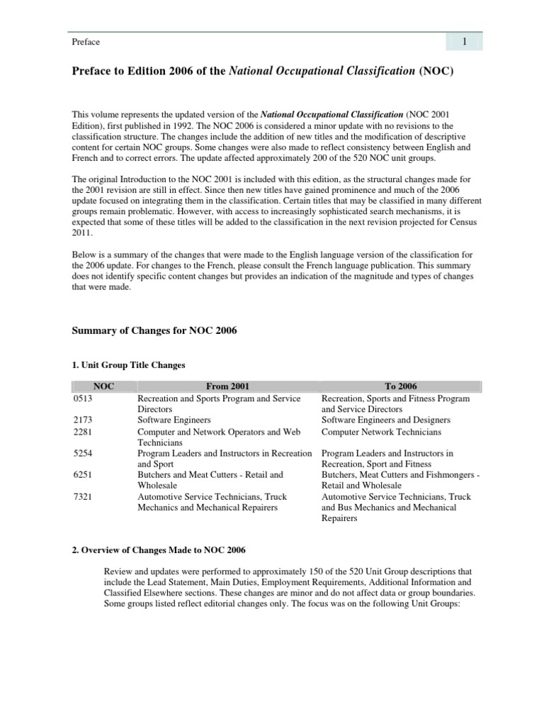 Preface To Edition 2006 of The National Occupational Classification ...