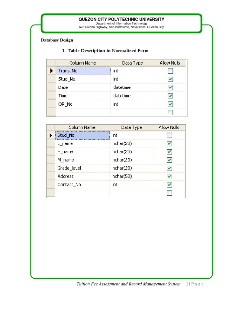 Database Design 1. Table Description in Normalized Form: Quezon City Polytechnic University ...