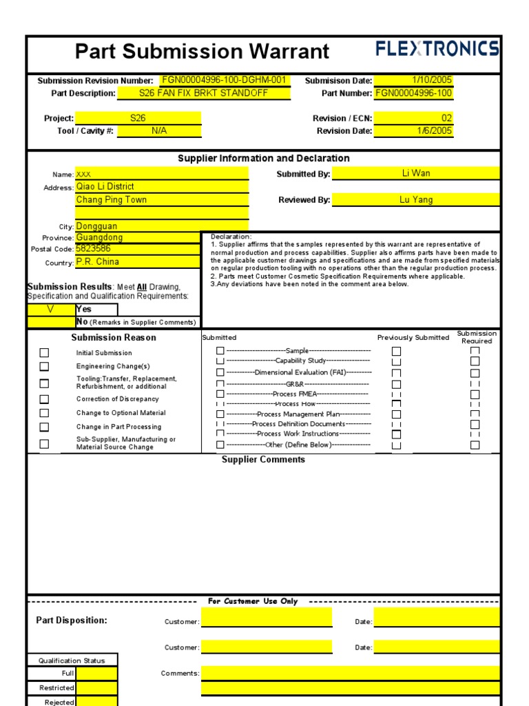 Part Submission Warrant: Supplier Information and Declaration | PDF | Specification (Technical ...