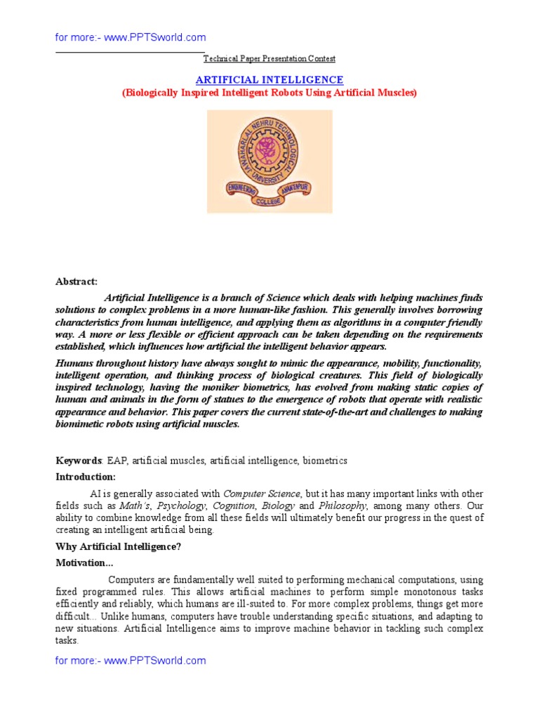 Biologically Inspired Intelligent Robots Using Artificial Muscles | PDF | Artificial ...