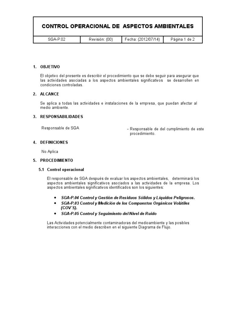Procedimiento de Control Operacional de Aspectos Ambientales | PDF