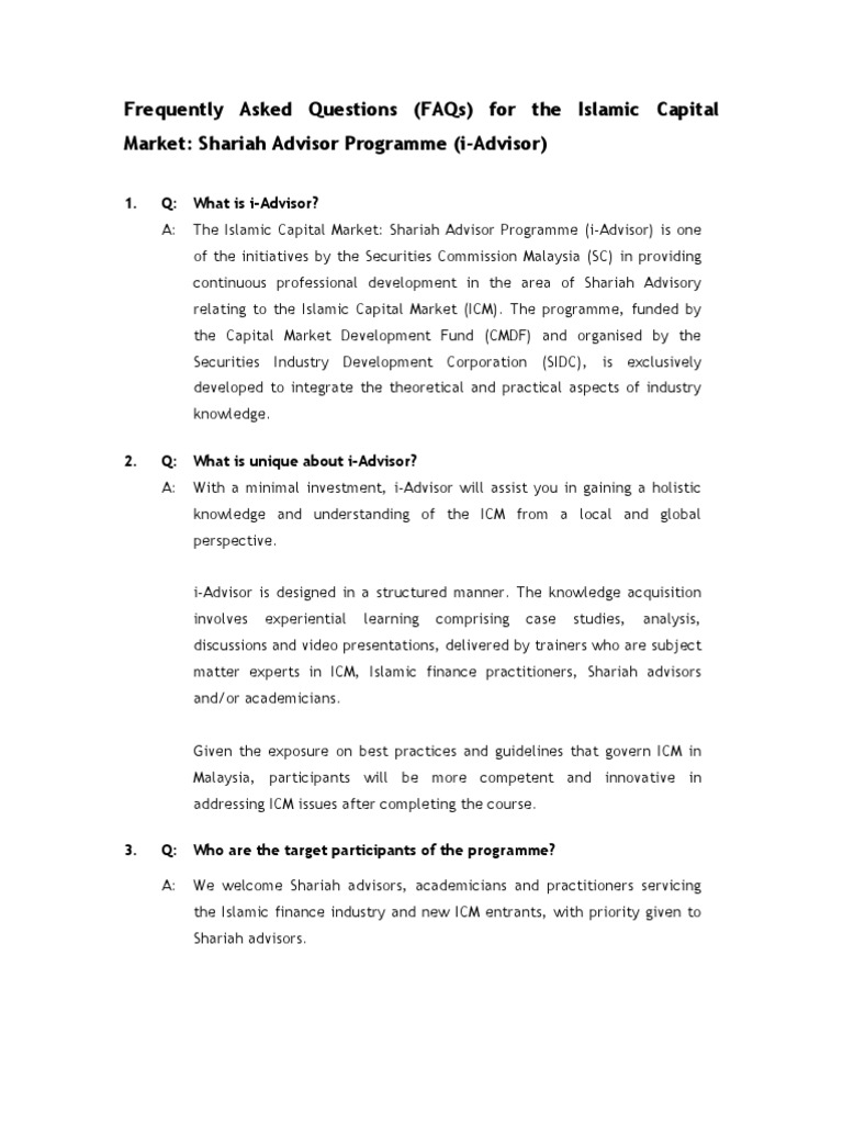 i-Advisor: FAQs on Shariah Advisory Program | PDF | Islamic Banking And ...