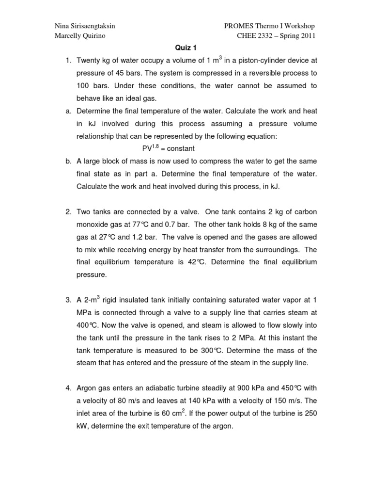 Chemical Engineering Thermodynamics Quiz 1