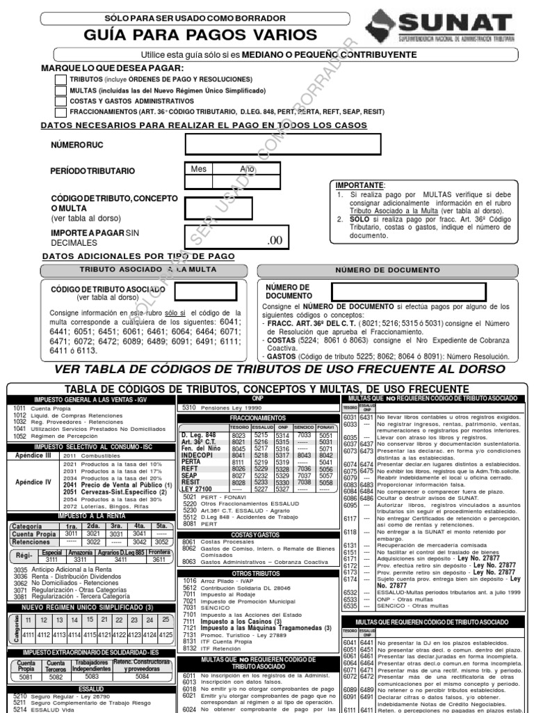 codigo de tributos a la sunat
