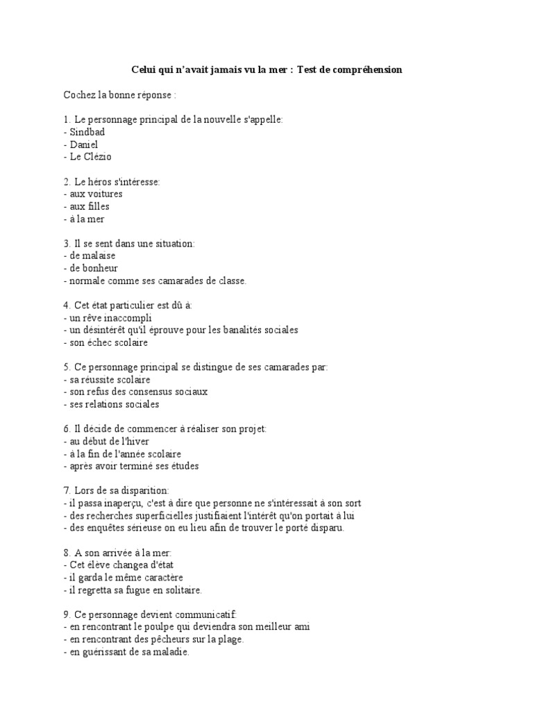 Test de compréhension : Celui qui n'avait jamais vu la mer | PDF