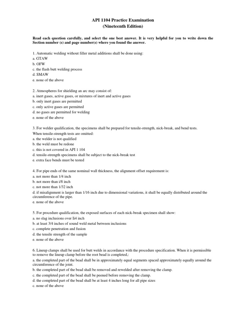 API 1104 Practice Examination | PDF | Welding | Construction