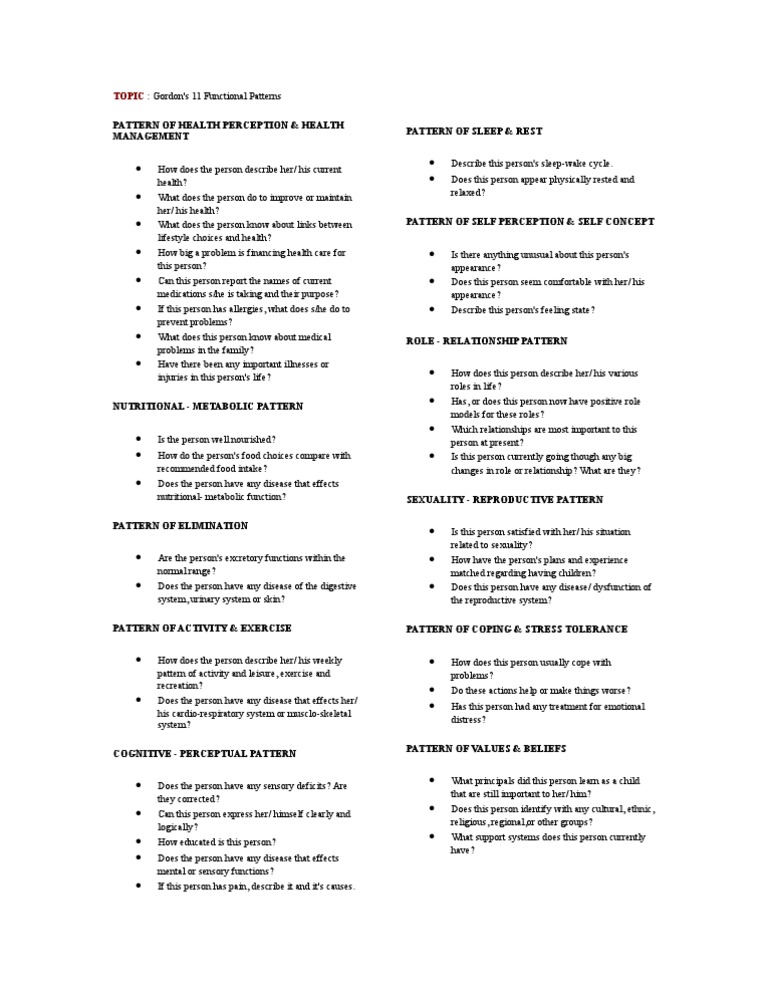 Gordon's 11 Functional Health Patterns | PDF | Perception | Cognition