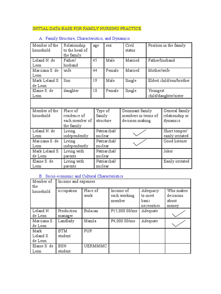 Initial Data Base for Family Nursing Practice | Preventive Healthcare ...