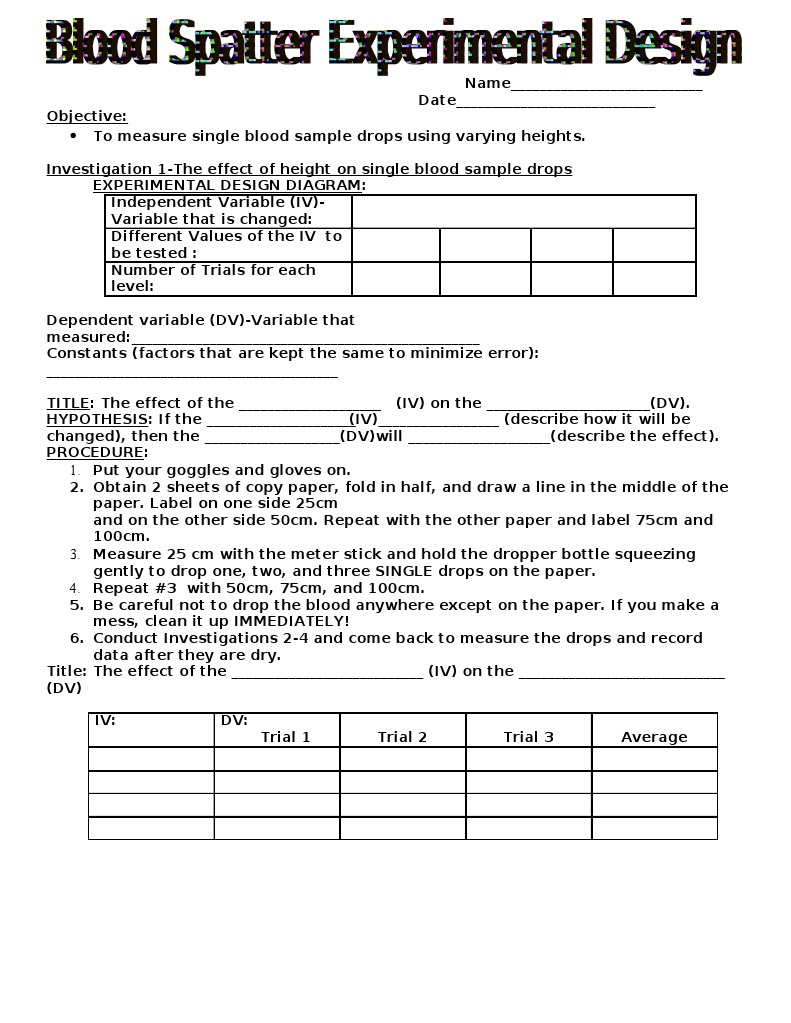 Blood Spatter Lab | PDF | Experiment | Dependent And Independent Variables