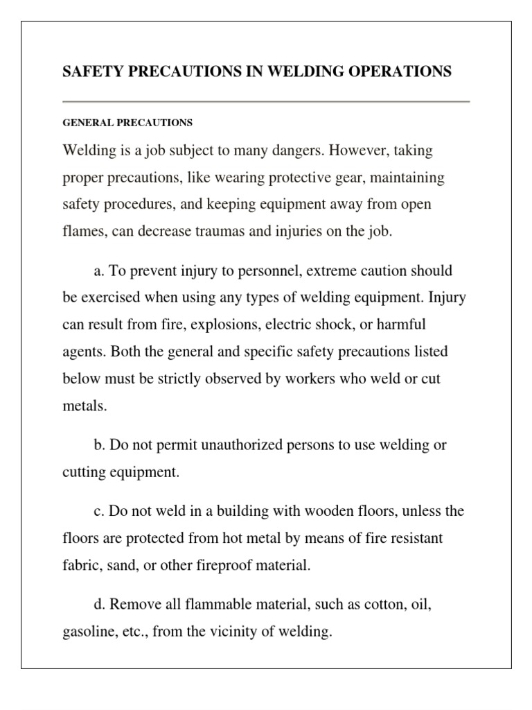 Safety Precautions in Welding Operation1 | PDF | Welding | Construction