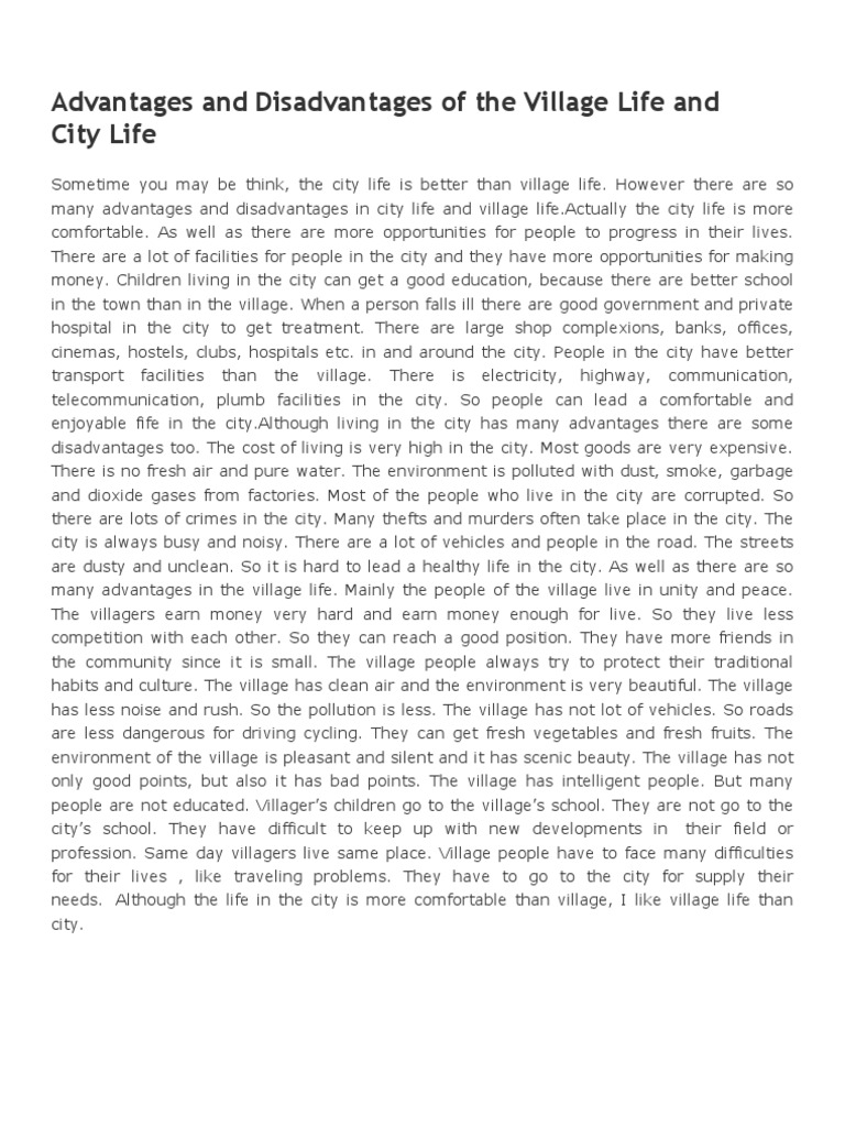 Advantages and Disadvantages of The Village Life and City Life | PDF ...