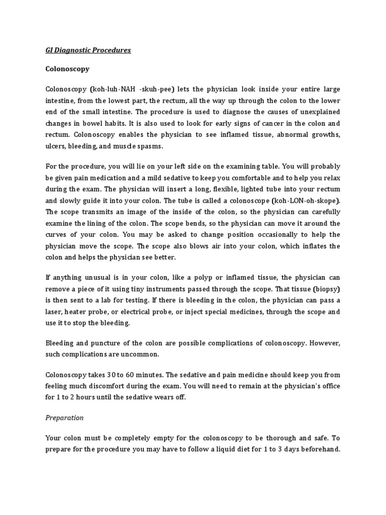 Colonoscopy: GI Diagnostic Procedures | PDF | Colonoscopy ...