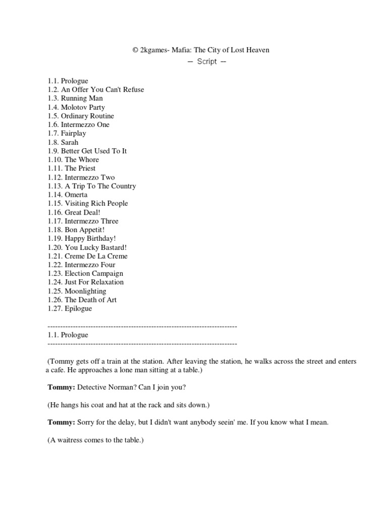 Mafia: The City of Lost Heaven Script | PDF | Gang Activity | Leisure