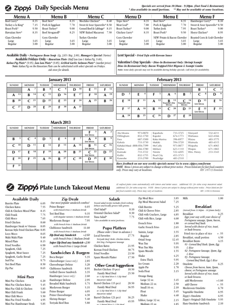 Zippy's Takeout Menu Honolulu Jan - Mar 2013 | PDF | Hamburgers ...