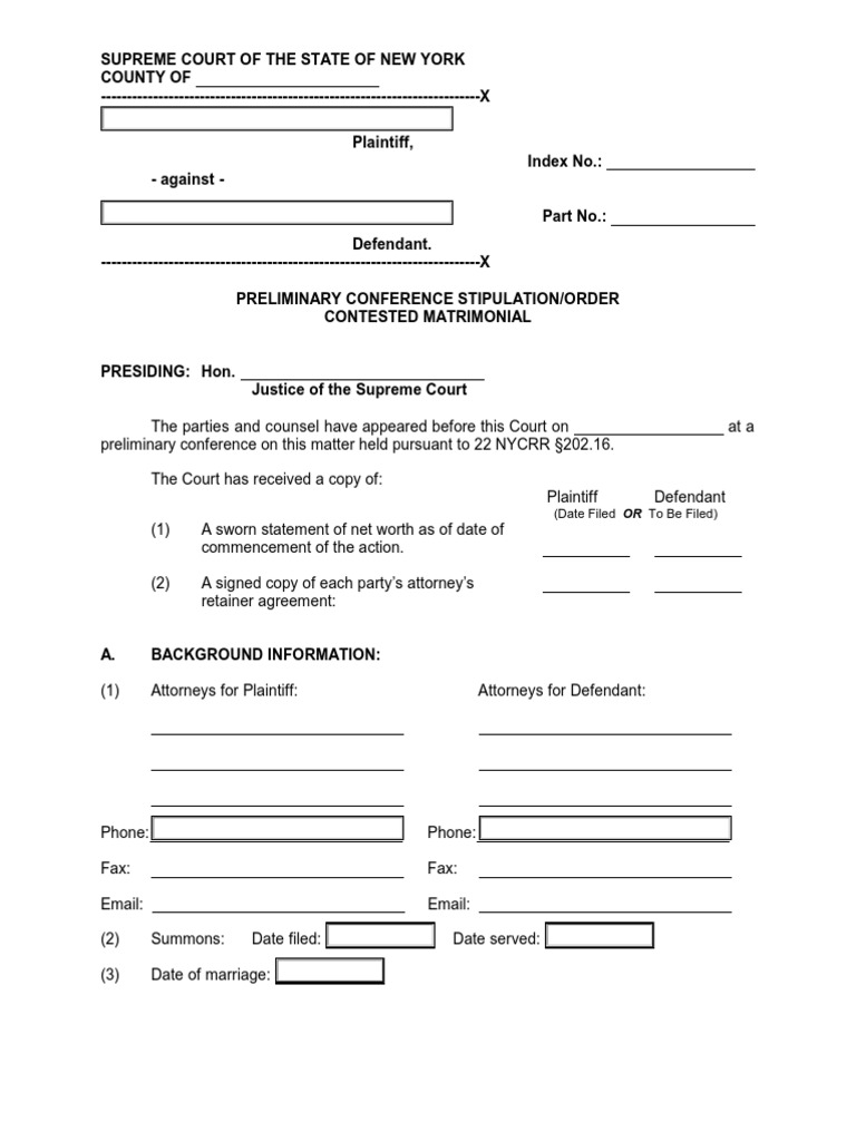 Preliminary Conference Stipulation Order Contested Matrimonial | PDF ...