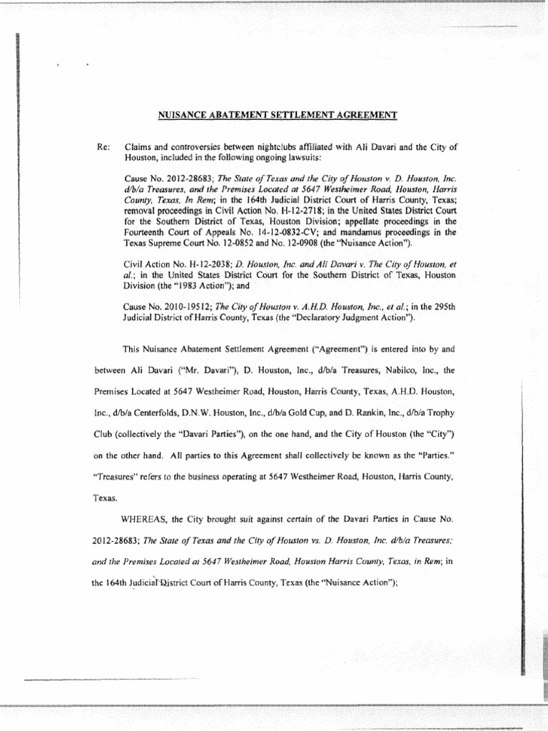 Nuisance Abatement Settlement Agreement | PDF | Arbitration | Settlement (Litigation)