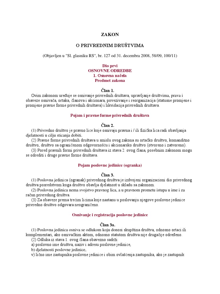 Zakon o Privrednim Drustvima RS I FBIH | PDF