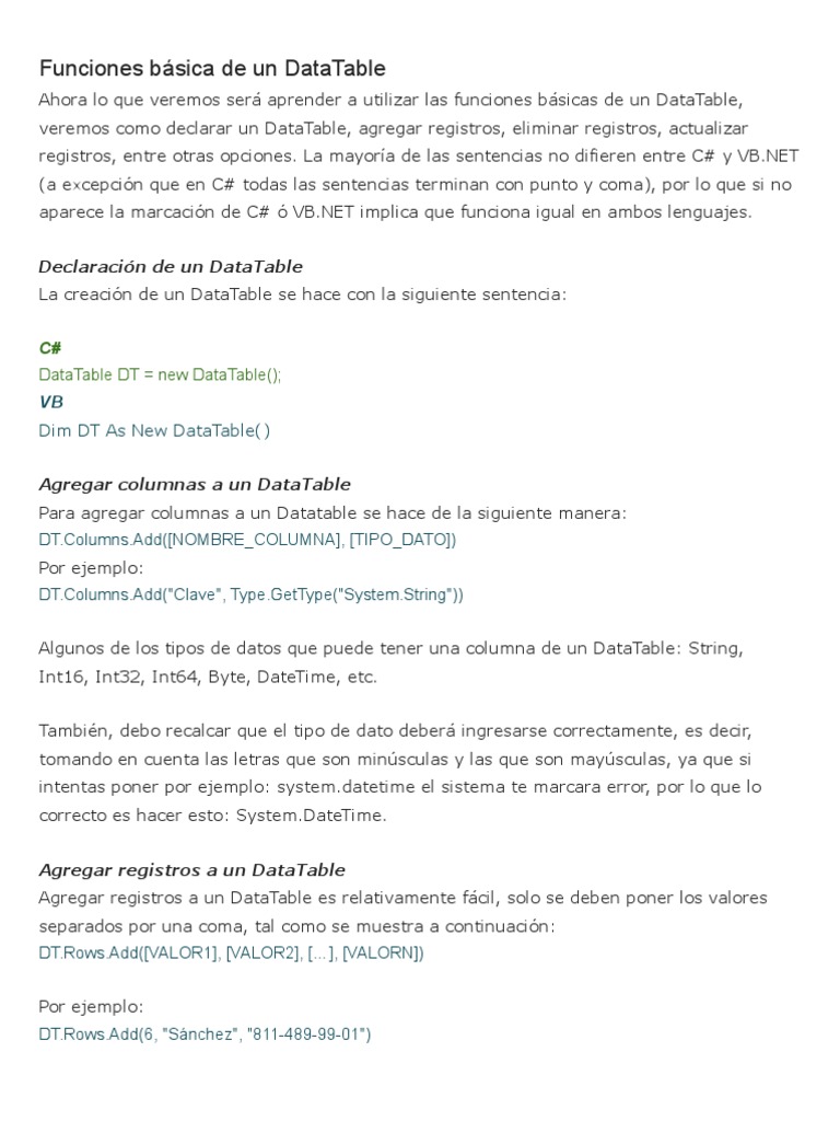 Funciones Basicas de Datatable | PDF | C Sharp (lenguaje de programación) | Programación de ...