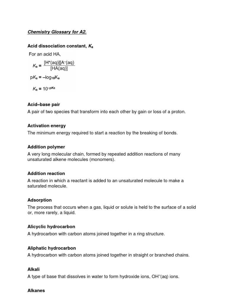 A2 Chemistry Glossary Guide | PDF | Chemical Reactions | Chemical Bond