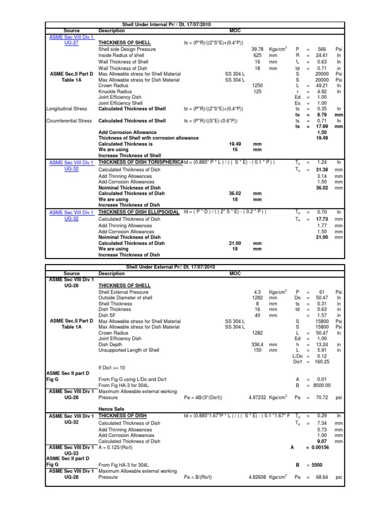 Thickness Calculation of Pressure Vessel Shell | PDF | Industrial ...