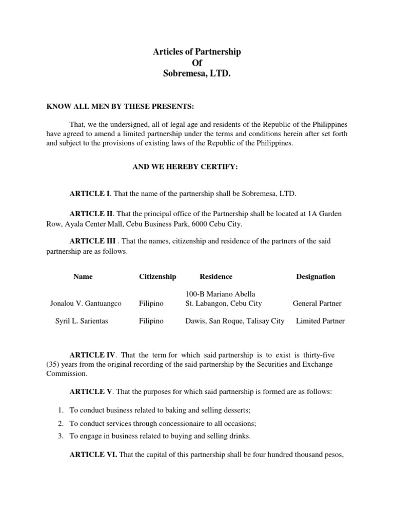 Articles of Partnership | Partnership | Limited Partnership