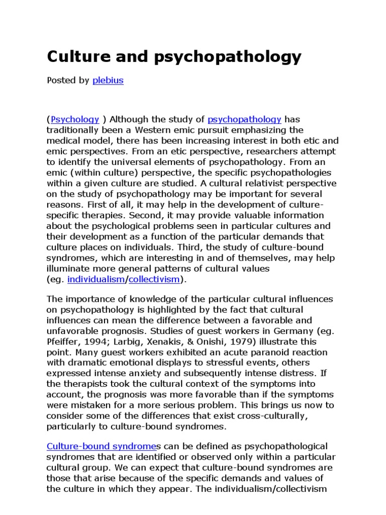 Cultural Influences on Psychopathology: A Comparison of Individualistic ...