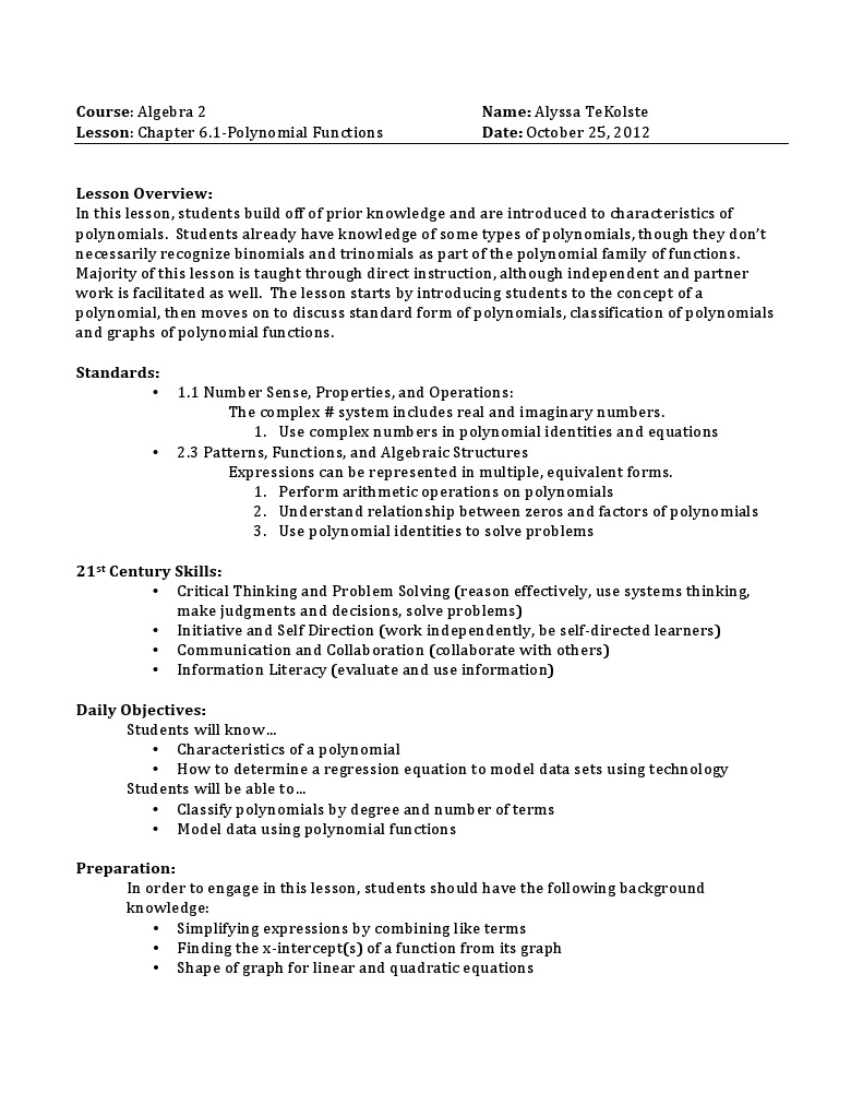 Lesson Plan | PDF | Polynomial | Quadratic Equation