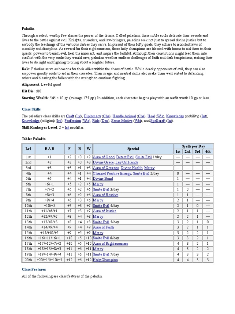 Pathfinder Base Class Paladin Pdf Dungeons And Dragons D20 System 3679
