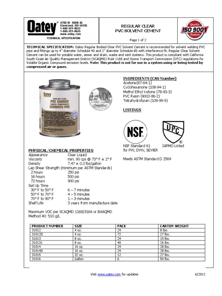 Oatey PVC Regular Clear | PDF | Respiratory System | Volatile Organic ...
